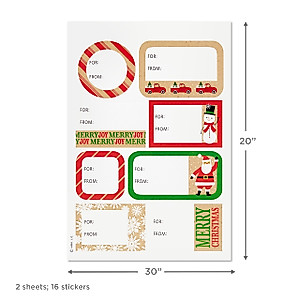 Hallmark Recyclable Kraft Christmas Flat Wrapping Paper Sheets with Cutlines on Reverse (12 Folded Sheets with Sticker Gift Tags) Rustic Red Trucks, White Snowflakes, "Merry Christmas" Lettering