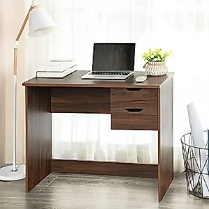 FurnitureR Computer Desk Home Office Desk with 2 Drawers, 35.4'' Study Writing Desk Saves Spaces for Small Rooms, Wood Laptop Table Easy Assembly, Brown