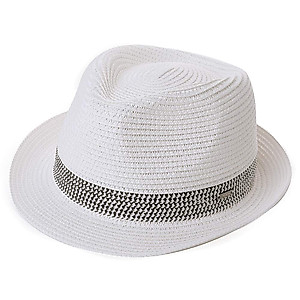 Fancet Packable White Straw Fedora Panama Sun Summer Beach Derby Hat Cuban Trilby Men Women Medium