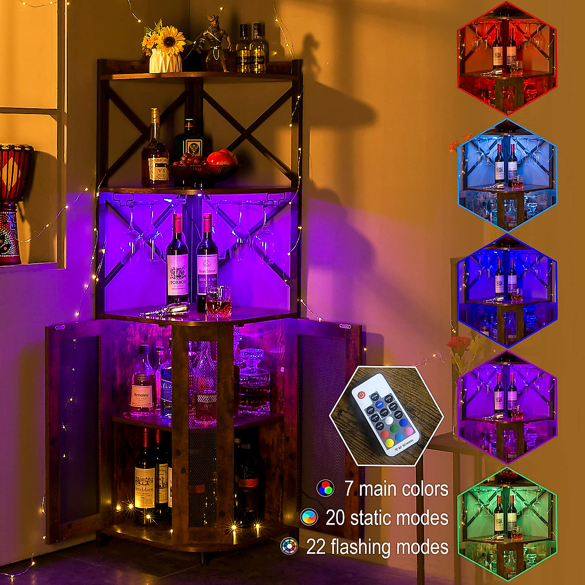 JKsmart Corner Bar Cabinet with LED Lights, 5-Tier Industrial Wine Bar Cabinet with Glass Holder, Farmhouse Liquor Cabinet with Shelf and Door, Home Bar for Coffee Bar Cabinet, Rustic Brown