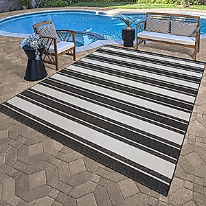 Gertmenian Indoor Outdoor Area Rug, Classic Flatweave, Washable, Stain & UV Resistant Carpet, Deck, Patio, Poolside & Mudroom, 5x7 Ft Standard, Stripes, Black White, 37706