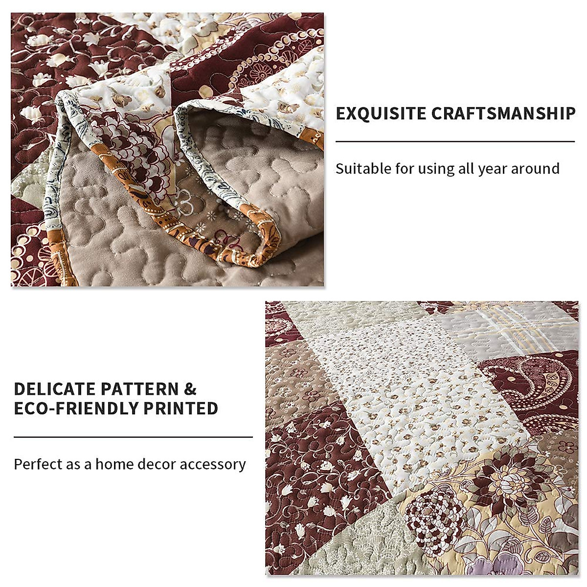 Travan 3-Piece Queen Quilt Set Quilted Bedspread Lightweight Soft Coverlet Set Printed Coverlet Bedding Set for All Season, Patchwork Brown, Queen Size