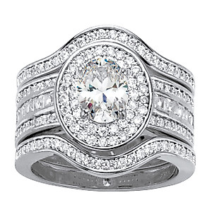 PalmBeach Jewelry 14K Yellow Gold or Platinum Plated Oval Cut Cubic Zirconia Double Halo Scalloped Bridal Ring Set Size 10