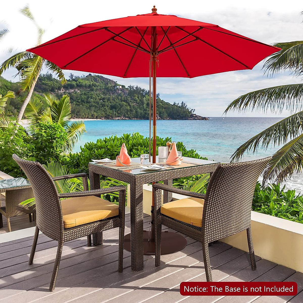 Tangkula 9.5 FT Red Wooden Pulley Umbrella with 8 Fiberglass Ribs, Rope Pulley Mechanism, and Vented Canopy for Patio, Deck, Poolside, Garden, Lawn, Terrace