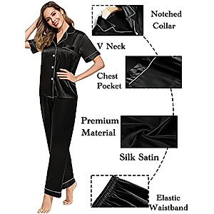 SWOMOG Pajamas Sets Women Silk Satin Sleepwear Short Sleeve Pjs Top with Long Pants Nightwear Set Loungewear Set Black