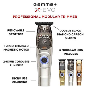 GAMMA+ X-Evo Trimmer Microchipped Magnetic Motor with Interchangeable Lids Matte Colors, 3 Guards, Charging Stand