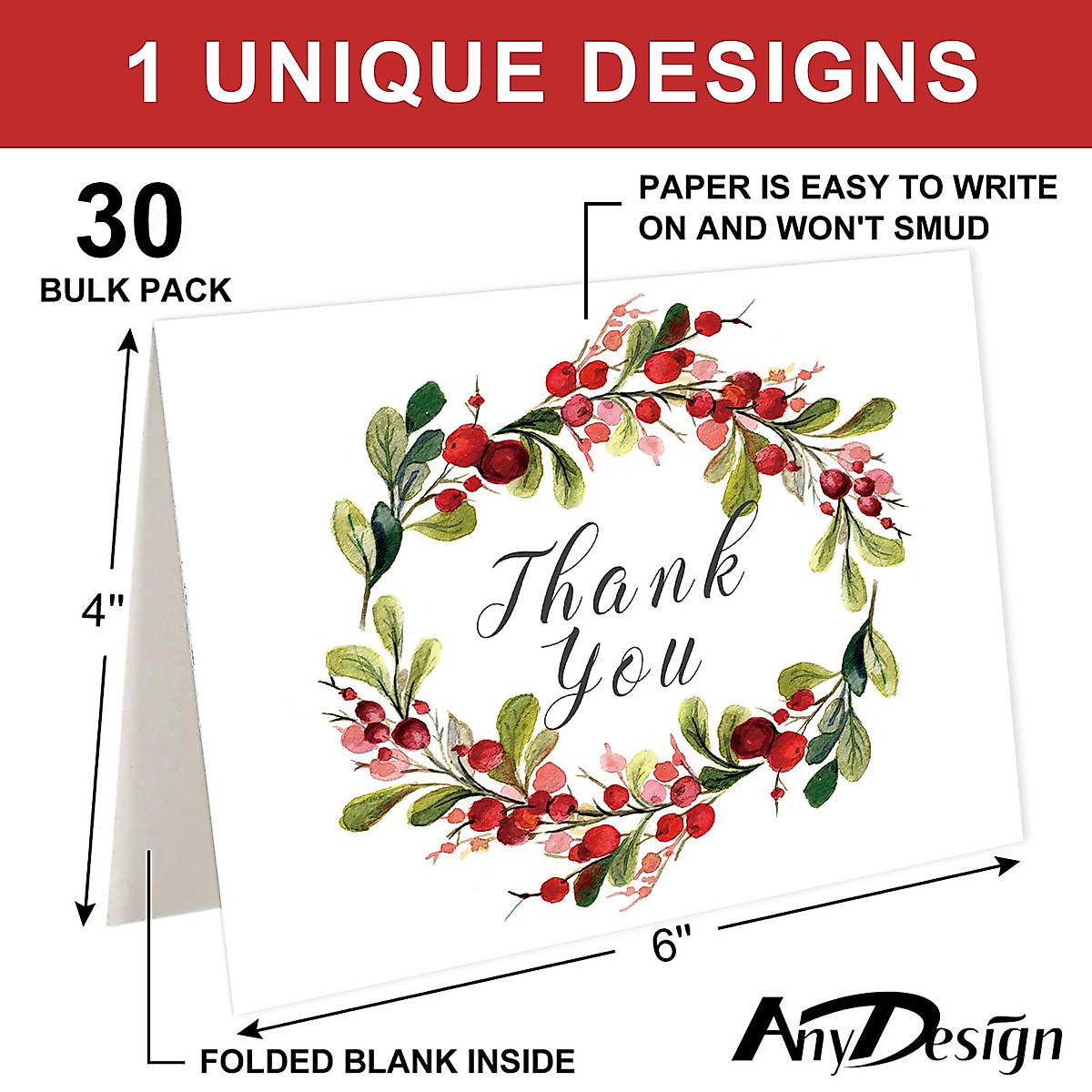 AnyDesign 30 Pack Christmas Thank You Cards Bulk Watercolor Floral Garland Greeting Cards with Envelope Sticker Flower Blank Note Cards