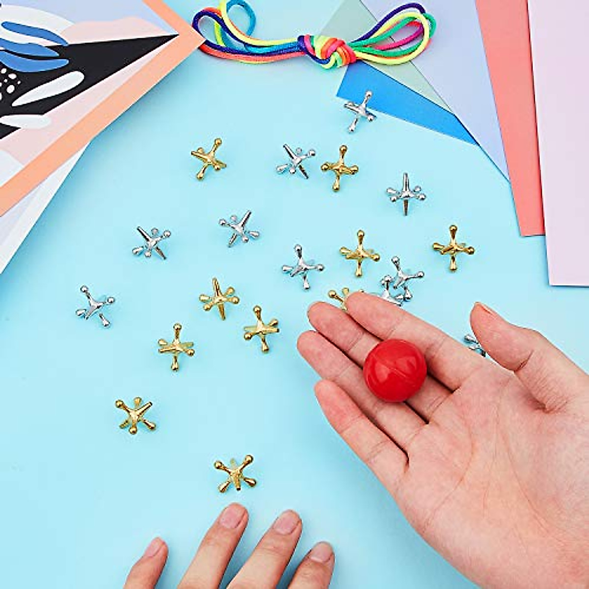 Gejoy 4 Set Jacks Game Christmas Toys Kit, Include 40 Pieces Metal Jacks and 4 Pieces Red Rubber Balls with Bag for Kids and Adults