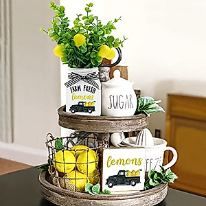 Farm Fresh Lemons Kitchen Decor Mason Jar Floral Arrangement Table Centerpiece with Artificial Fake Lemons Branch Buffalo Plaid Bowknot Summer Lemonade Farmhouse Display for Spring Home Tiered Tray