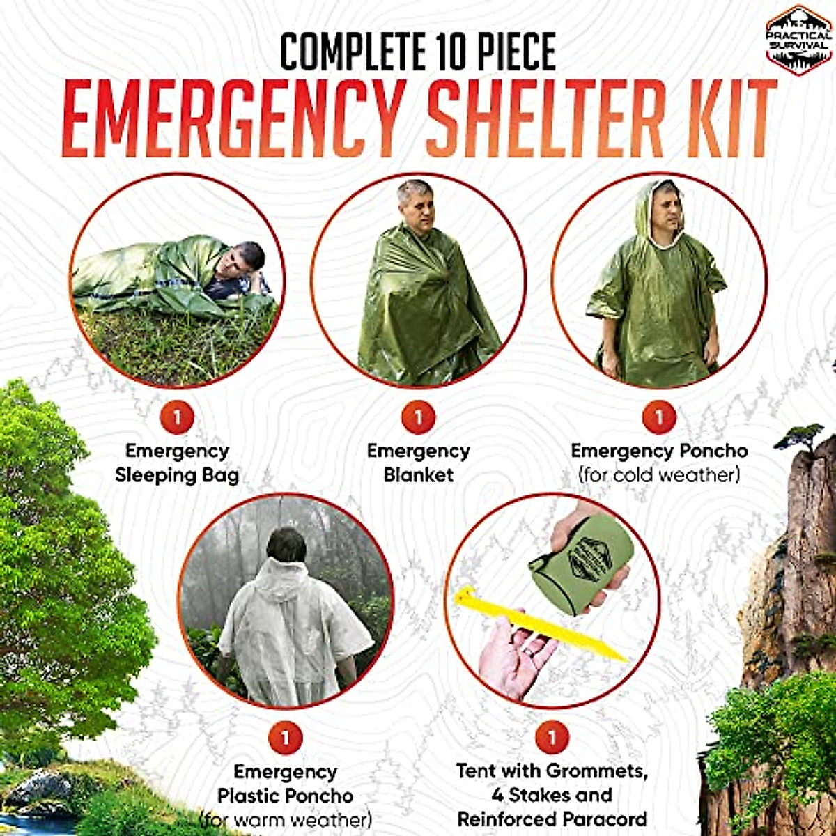 10 Piece Emergency Survival Shelter Kit - 1 Emergency Tent, 1 Emergency Sleeping Bag, 1 Emergency Blanket, 1 Summer Poncho, 1 Winter Poncho and More! Perfect for EDC, Car Kit, Bugout or Get Home Bag.