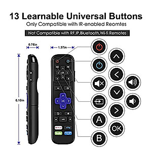 SofaBatn R2 Universal IR Remote Replacement for Roku Streaming Player with 13 Extra Learning Buttons to Control TV Soundbar All in One (for Roku 1 2 3 4 Premier+ Express+ Ultra, NOT for Roku Stick)