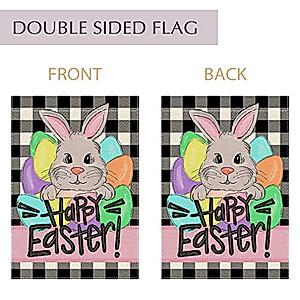 PANDICORN Happy Easter Garden Flag 12x18 Inch Double Sided, Black Buffalo Plaid Check Spring Easter Bunny Eggs Decorations, Small Vertical Welcome Holiday Decor for Outdoor Yard Garden