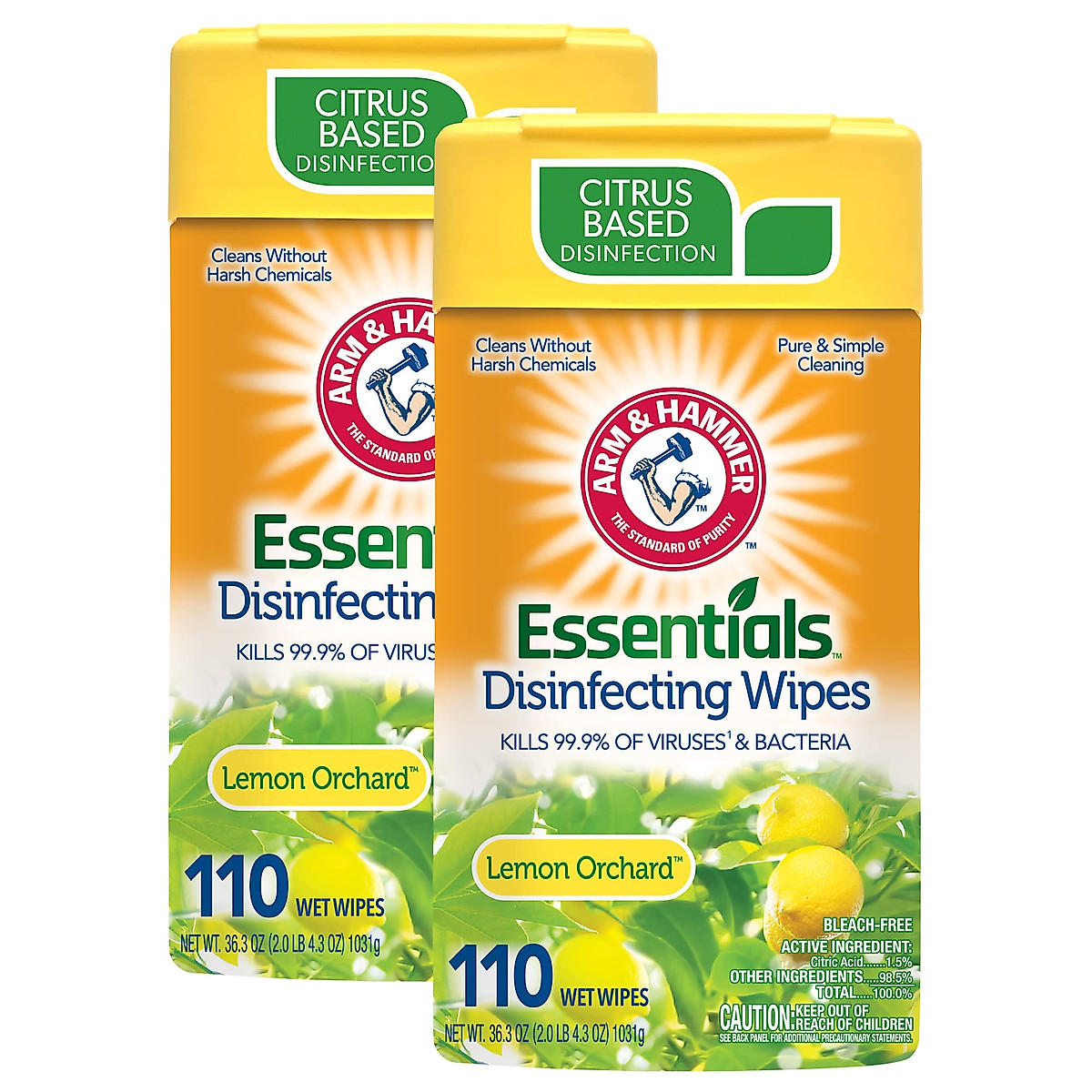 Arm & Hammer Essentials Disinfecting Wipes, Lemon Orchard 2-Pack, 110 Count, 220 Wipes, Volcano