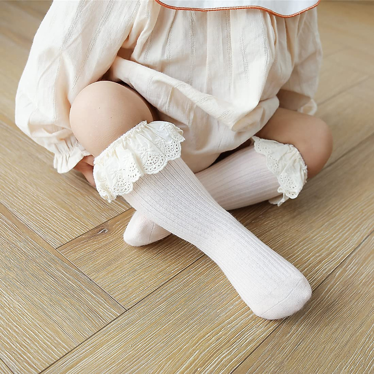 HOUSEYUAN Infant Frilly Baby Girls Knee High Socks White Newborn Thigh Lace Ruffle Long Socks Toddler Tights Stockings 4 Pairs 0-12 Months