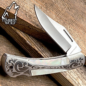 Timber Wolf Gentleman’s Genuine Pearl Pocket Knife | 3 1/4” Stainless Steel Clip Point Blade | Genuine Pearl Inlays | Nickel Silver Bolsters | Lockback Mechanism | 7 1/2&quot; Overall Length