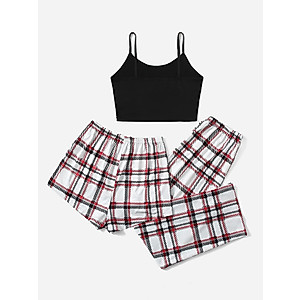 GORGLITTER Women's 3 Piece Plaid Pajamas Pants Set Cami Top with Shorts Loungewear Sleepwear Black White and Red Medium
