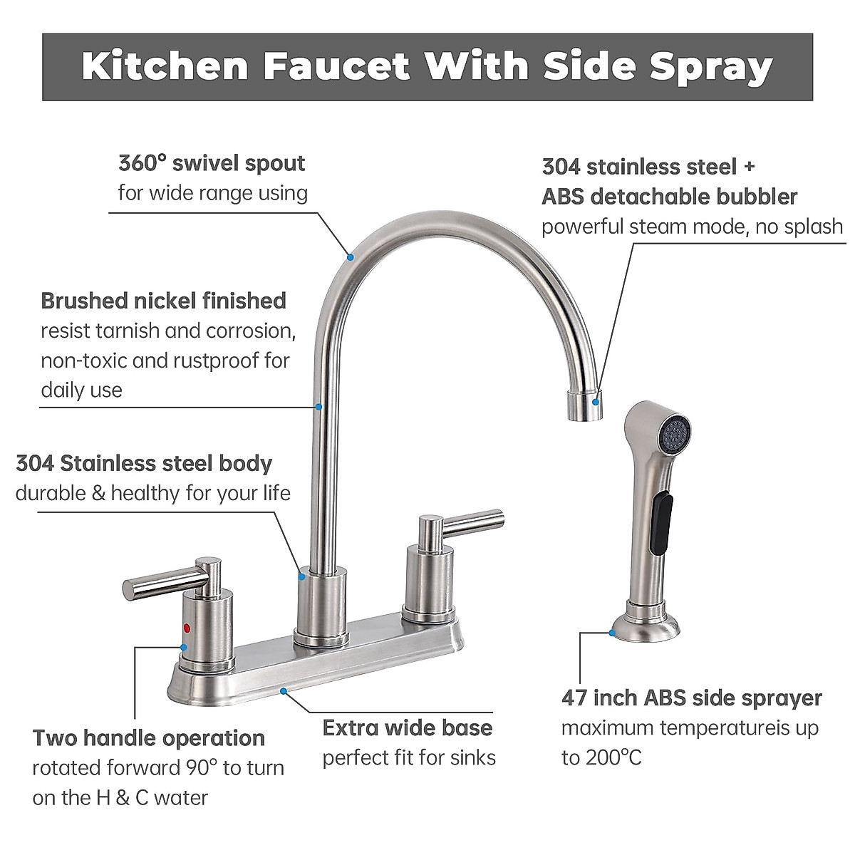 ARRISEA 2 Handle Kitchen Sink Faucet with Side Sprayer, Two Handle 4 Holes 8 Inch Centerset Kitchen faucets with 24 inch Pull-Out Side Sprayer, Brushed Nickel Stainless Steel High Arc Kitchen Tap