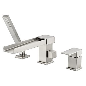 DASAN Roman Bathtub Faucet Set with Handheld Shower Sprayer 3-Hole Deck Mount Square Tub Filler Faucet Set, Brushed Nickel Waterfall Roman Tub Faucet with Valve Included, DA-TF09SWH-BN