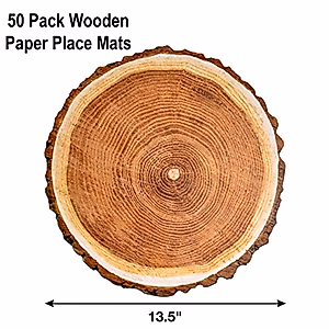 Disposable Wooden Slice Paper Place Mats 50 Pack 13.5” Round Rustic Brown Wood Slices Charger Place Mat for Vintage Country Farmhouse Tan Table Setting Summer Spring Fall Wedding Dinner Party Decor