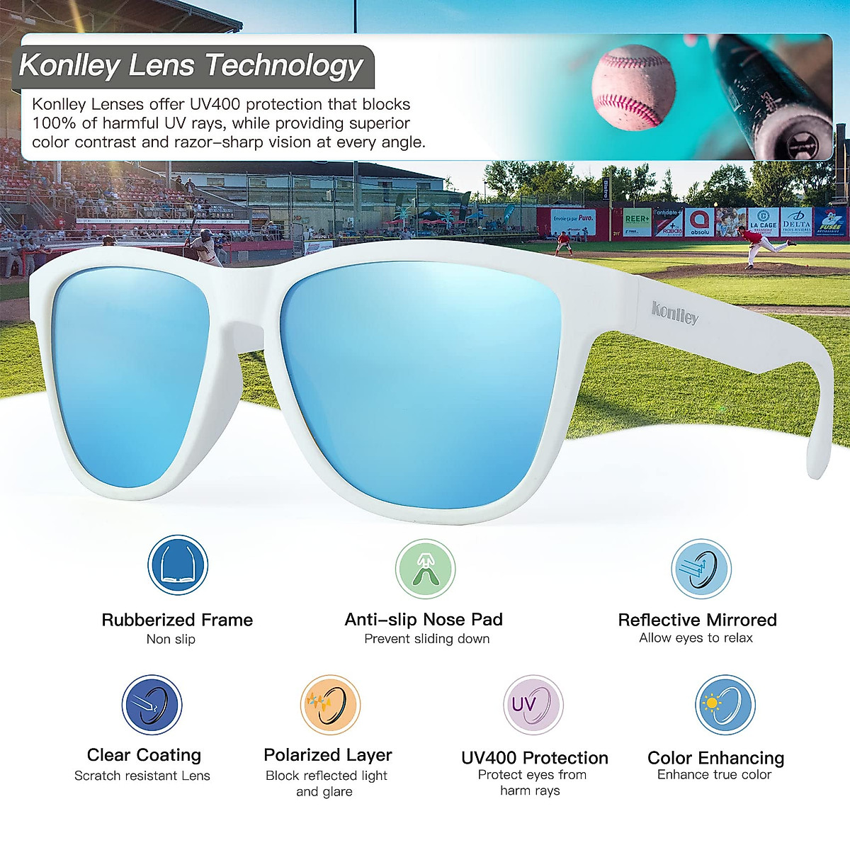 White Frame Blue Lens Sunglasses for Men & Women, Retro Eyewear with Non-slip Flexible Frame, Polarized Lens Trendy Style UV Protection