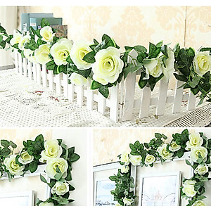 Menoeceus 2 Pack Artificial Silk Rose Vines Garland Fake Flower Plants Arts Hanging Decoration for Outdoor Indoor Home Kitchen Garden Office Wedding Ceremony Hotel Party Art Decor (White)