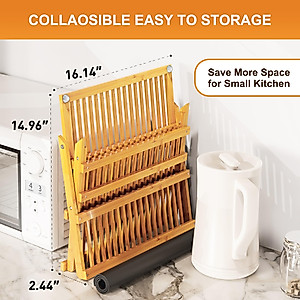 Greenual Bamboo Dish Drying Rack with Utensil Holder, 3 Tier Collapsible Dish Rack, Wooden Dish Racks for Kitchen Counter, Large Folding Drying Holder with Absorbent Dish Drying Mat