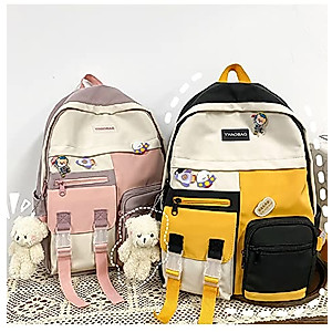 Cute Canvas Kawaii Backpack with Pins 16" Pink Aesthetic Bag Fashion Shoulder Backpack with Hanging Bear Fancy College Bags Lightweight Travel Bag (Blue And Pink)