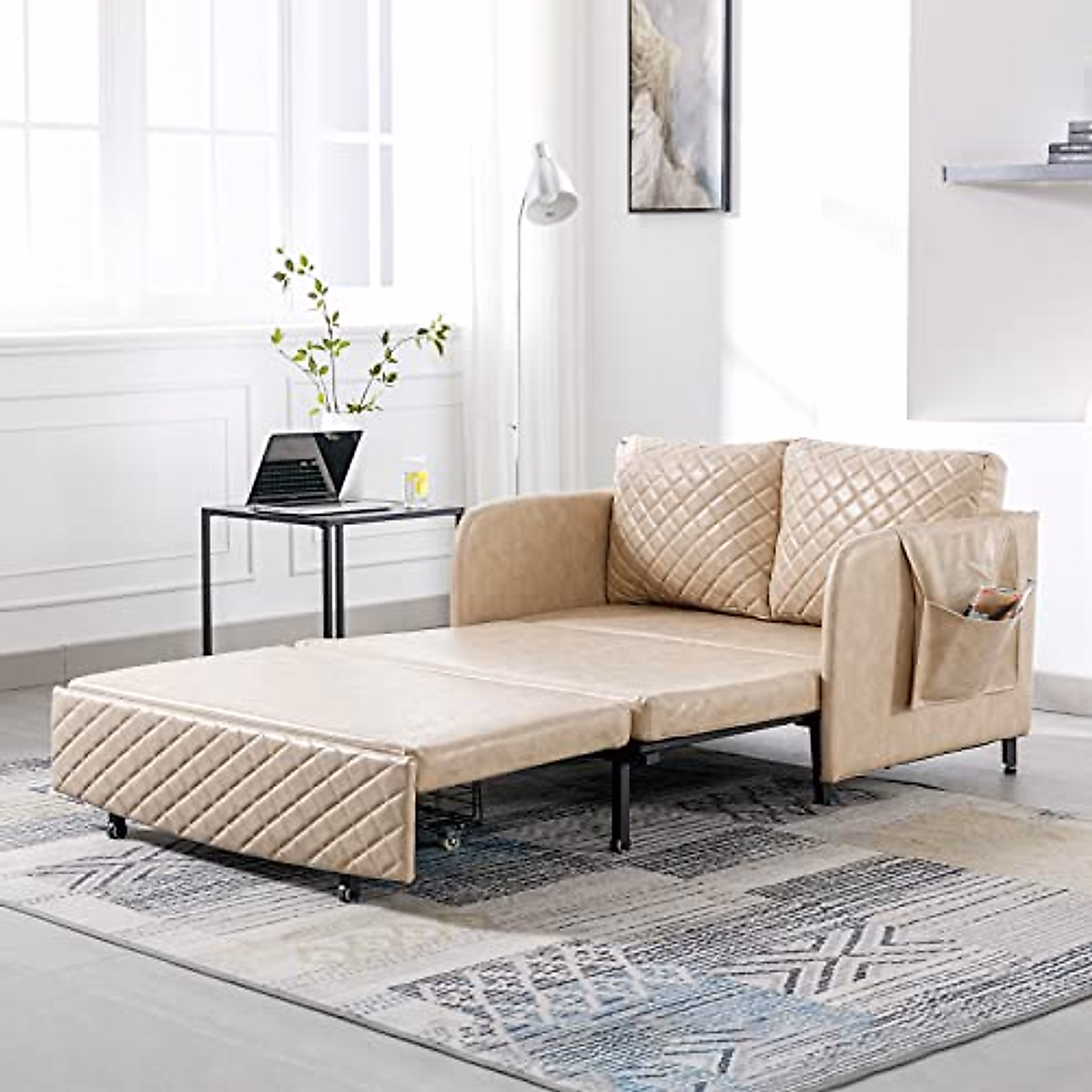 Antetek Sleeper Sofa Bed, 46-inch Faux Leather Loveseat Sleeper Sofa Couch with Pull-Out Bed, Small Love seat Sofa Single Bed with a Detachable Side Pocket for Living Room, Office, Camel