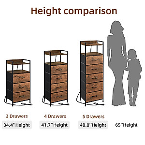 Somdot 4 Drawers Dresser with Charging Station and LED Light for Bedroom, Tall Nightstand with Removable Fabric Bins for Bedside Laundry Closet Entryway Hallway, Wood Grain Print