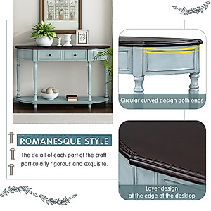 Retro Curved Design Console Table with Open Style Shelf, Solid Wooden Entryway Table Frame with Legs, 2 Top Drawers,Half Moon Shape Console Table for Hallway Living Room (Cherry + Antique Blue-01)