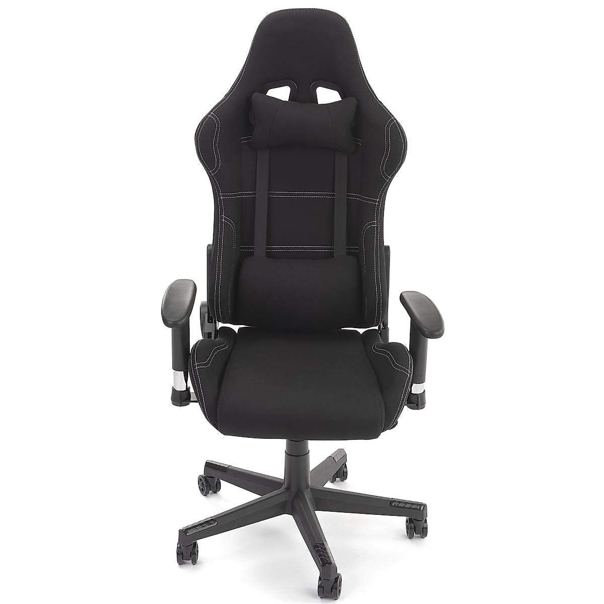 Displays2go Racing Style Gaming Chair for Office and Home Desk, Ergonomic Adjustments and Lumbar Support Pillow, Fabric Seat - Black (FDGAMECHGY)