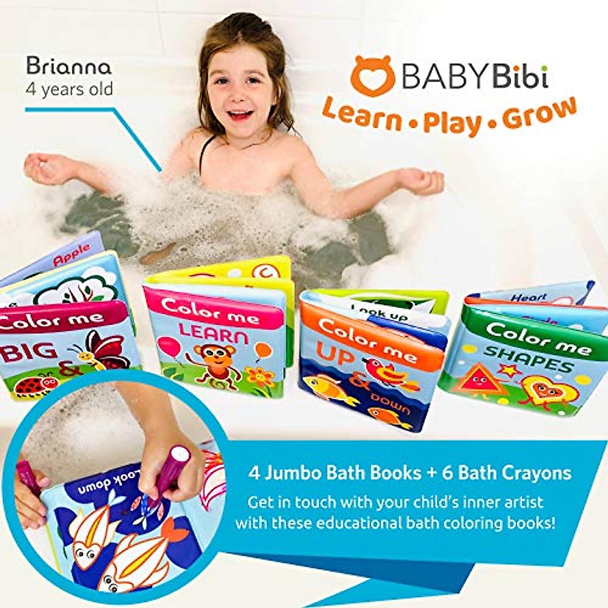 BabyBibi Color Me Bath Books Plus Crayons – Set of 4 Different Books – Includes 6 Washable Bath Crayons – Learn and Play Including Opposites and Shapes – Suitable for 2+