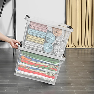 Parlynies 4 Pack 23 L Plastic Latching Storage Box with Wheels, Stackable Container Bin with Lids, Clear