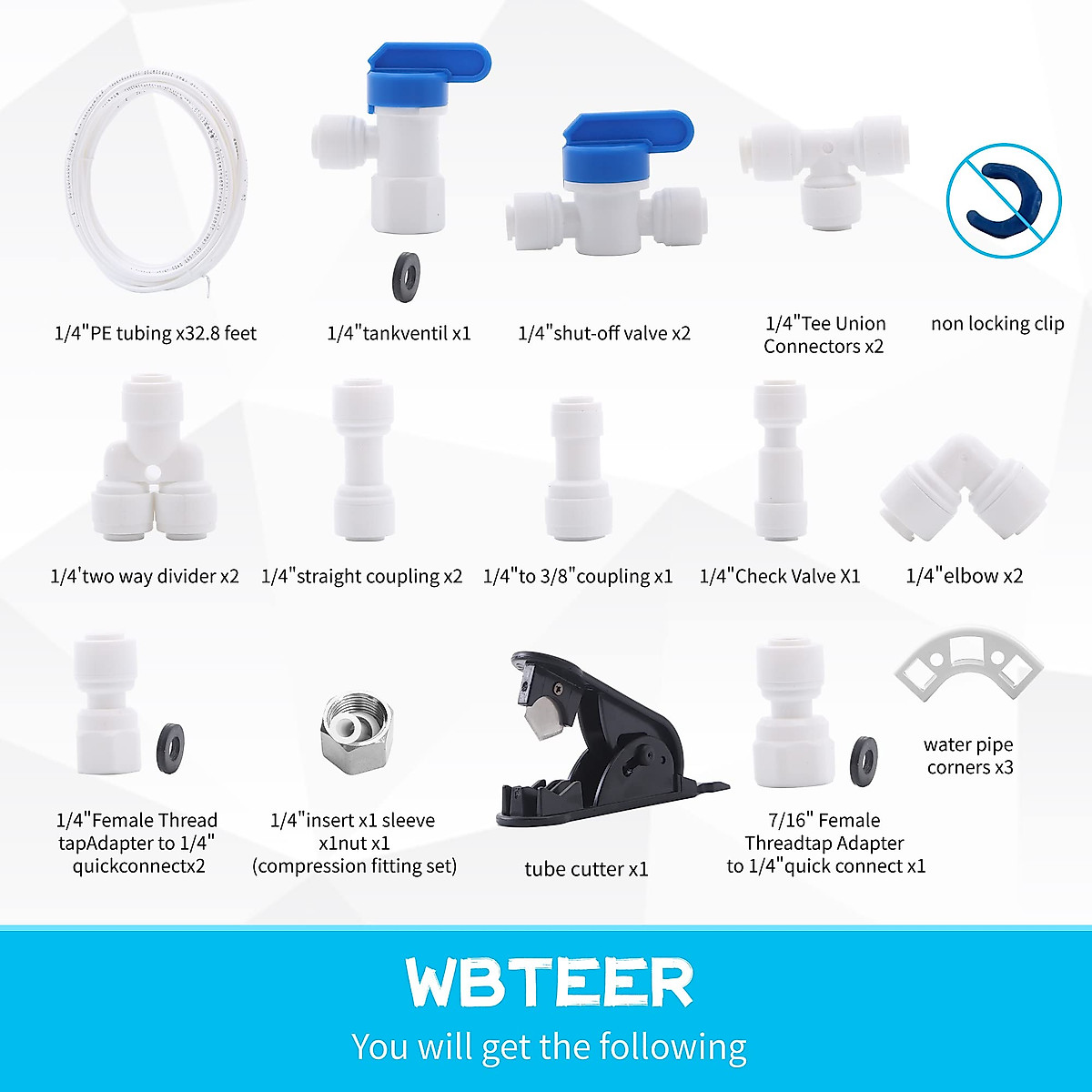 WBTEER Refrigerator Water Line Kit 1/4" Water O.D. Tubing 32ft, Connect Fittings for RO (Reverse Osmosis) (Ball Valve + L + Y + I + T Type + U-Shaped Wire Channel) - 21Pcs