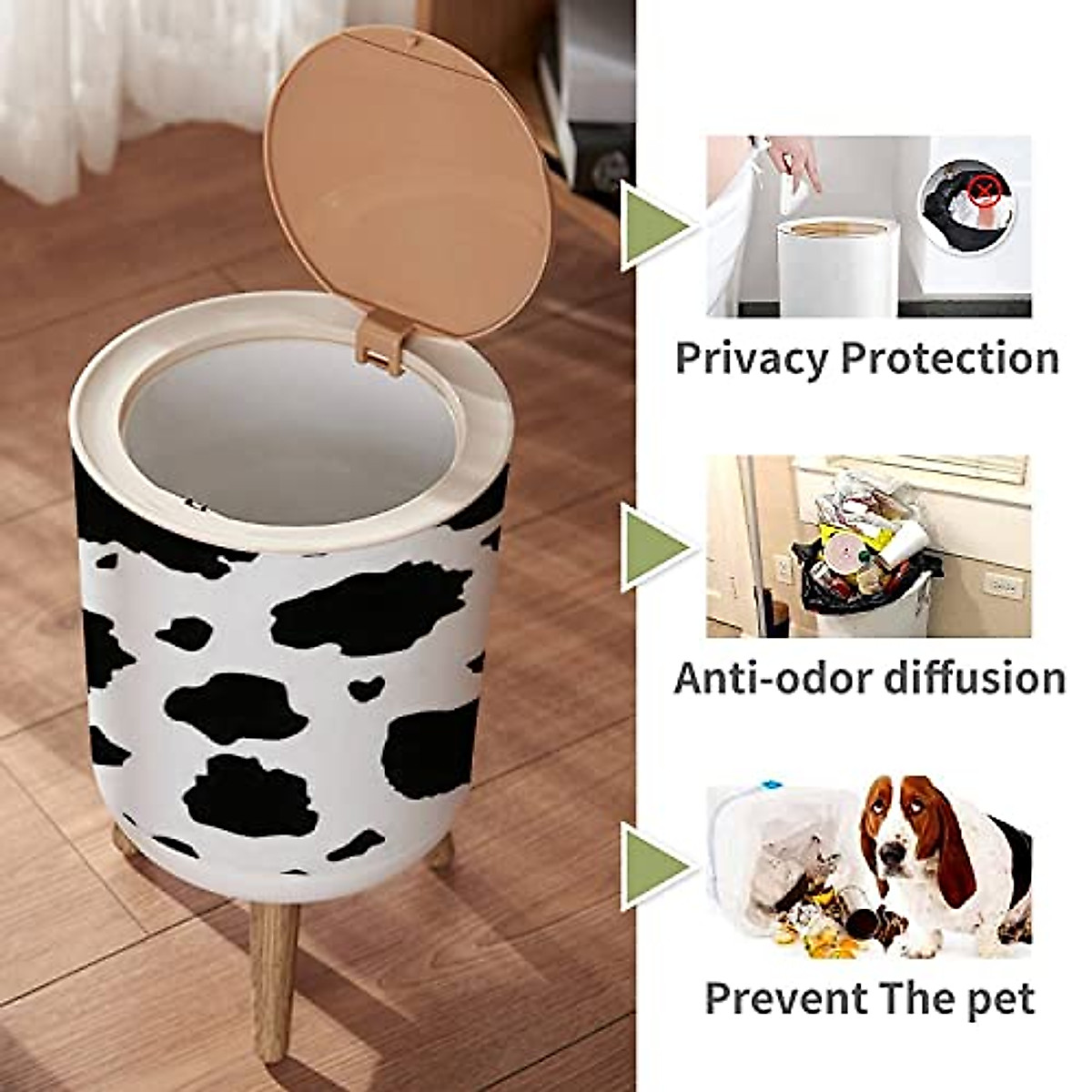 IBPNKFAZ89 Small Trash Can with Lid Black and White Cow Print Seamless from The Country Sunflower Garbage Bin Wood Waste Bin Press Cover Round Wastebasket for Bathroom Bedroom Kitchen 7L/1.8 Gallon
