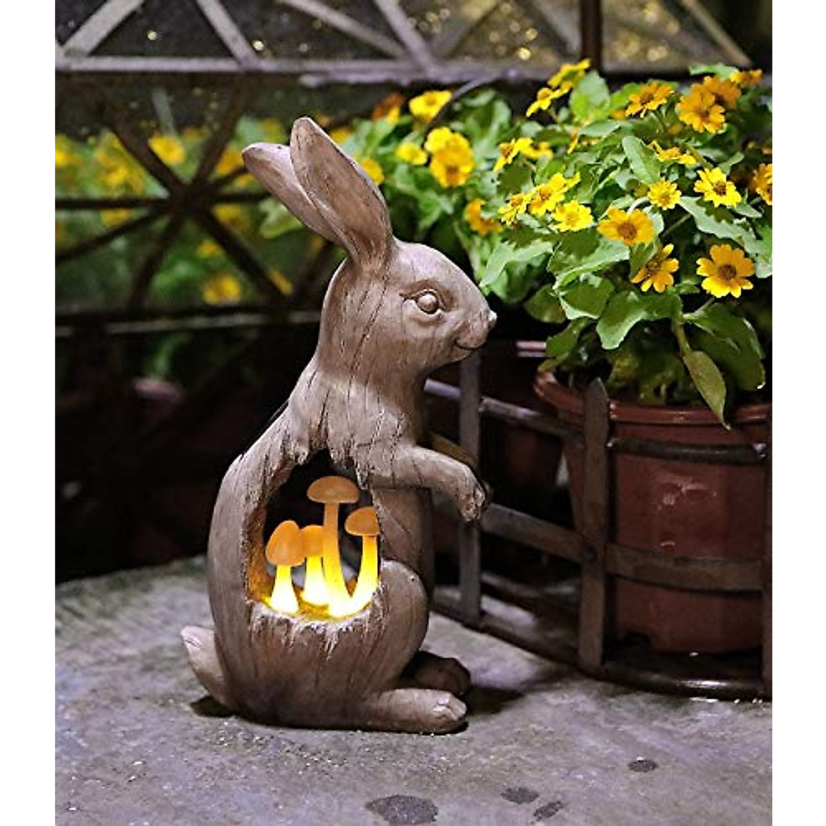 Joyathome Solar Garden Bunny Statues Rabbit with Mushroom Figurine, Solar Powered Resin Animal Sculpture Outdoor Lights for Patio Lawn,Yard ATR Garden Sculpture Decorations,11.7”H
