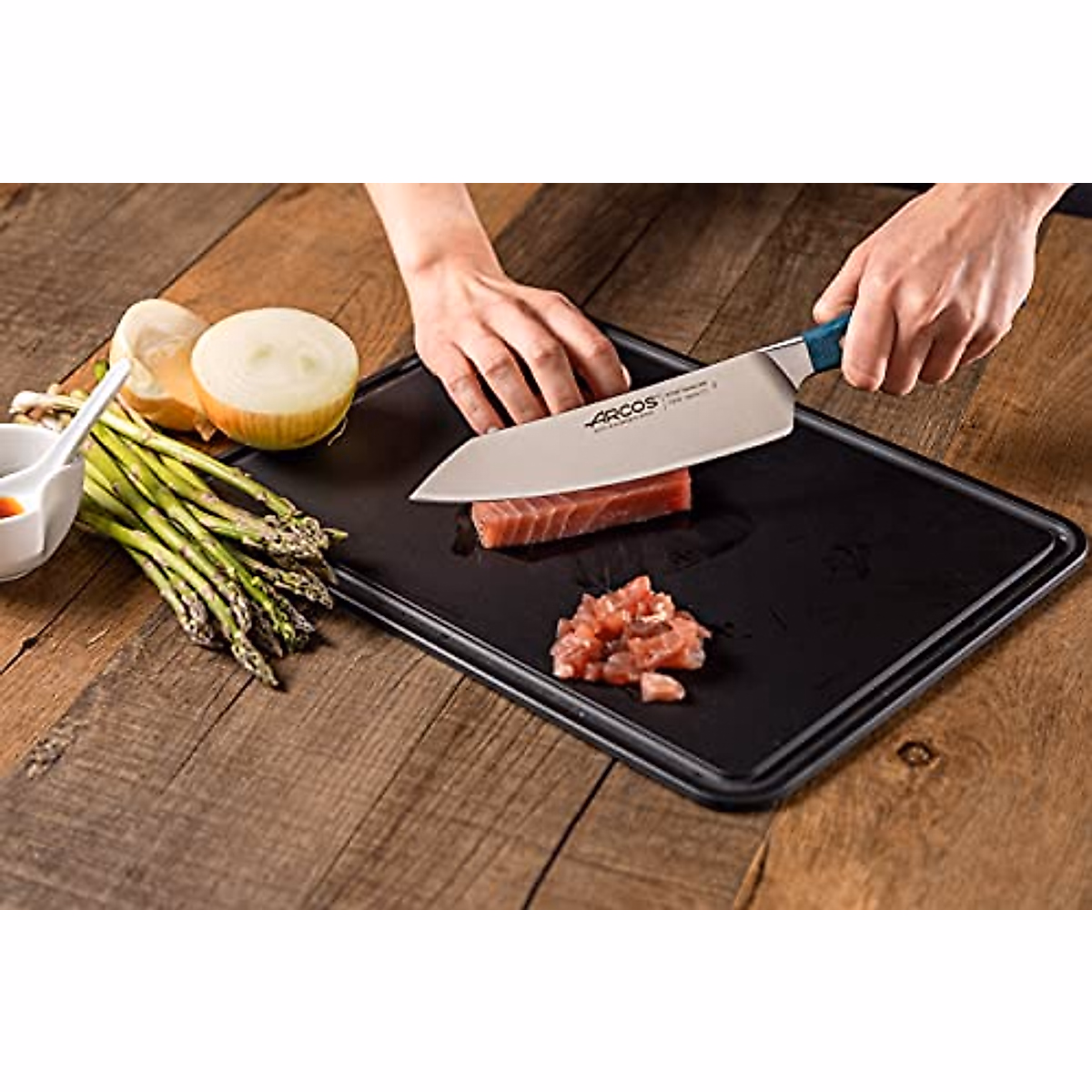 Arcos Forged Rocking Santoku Knife Stainless Steel 7 Inch. Micarta Handle & Special Silk Edge and Silver Blade 190 mm. Series Brooklyn. Blue Color . Impress and Amaze with Every Cut