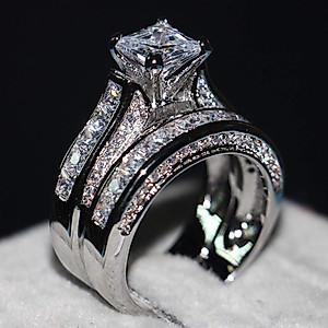 Luxury and Shining 2-in-1 Womens Vintage White Diamond Silver Engagement Wedding Band Ring Set