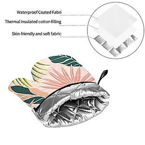 Oven Mitts and Pot Holders Sets 4 Piece, Boho Tropical Leaves and Flowers Pattern Oven Gloves Heat Resistant Non-Slip for Kitchen Cooking Grilling Baking