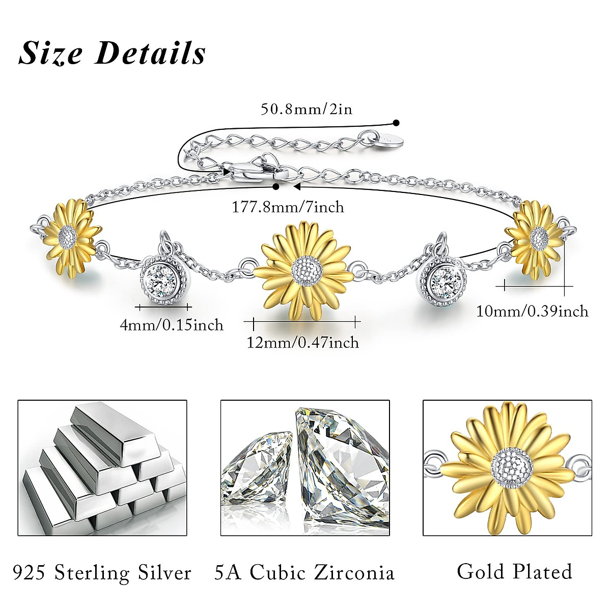 Cuoka Sunflower Bracelet 925 Sterling Silver You Are My Sunshine Sunflower Bracelets Jewelry For Women Girlfriend with Box