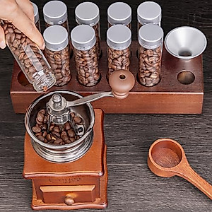 YMWVH Coffee Bean Storage Glass Tubes Single Dose, 12PCS Coffee Bean Cellar Container Vials With Lids (2 Oz) Wooden Display Stand And Funnel Coffee spoon