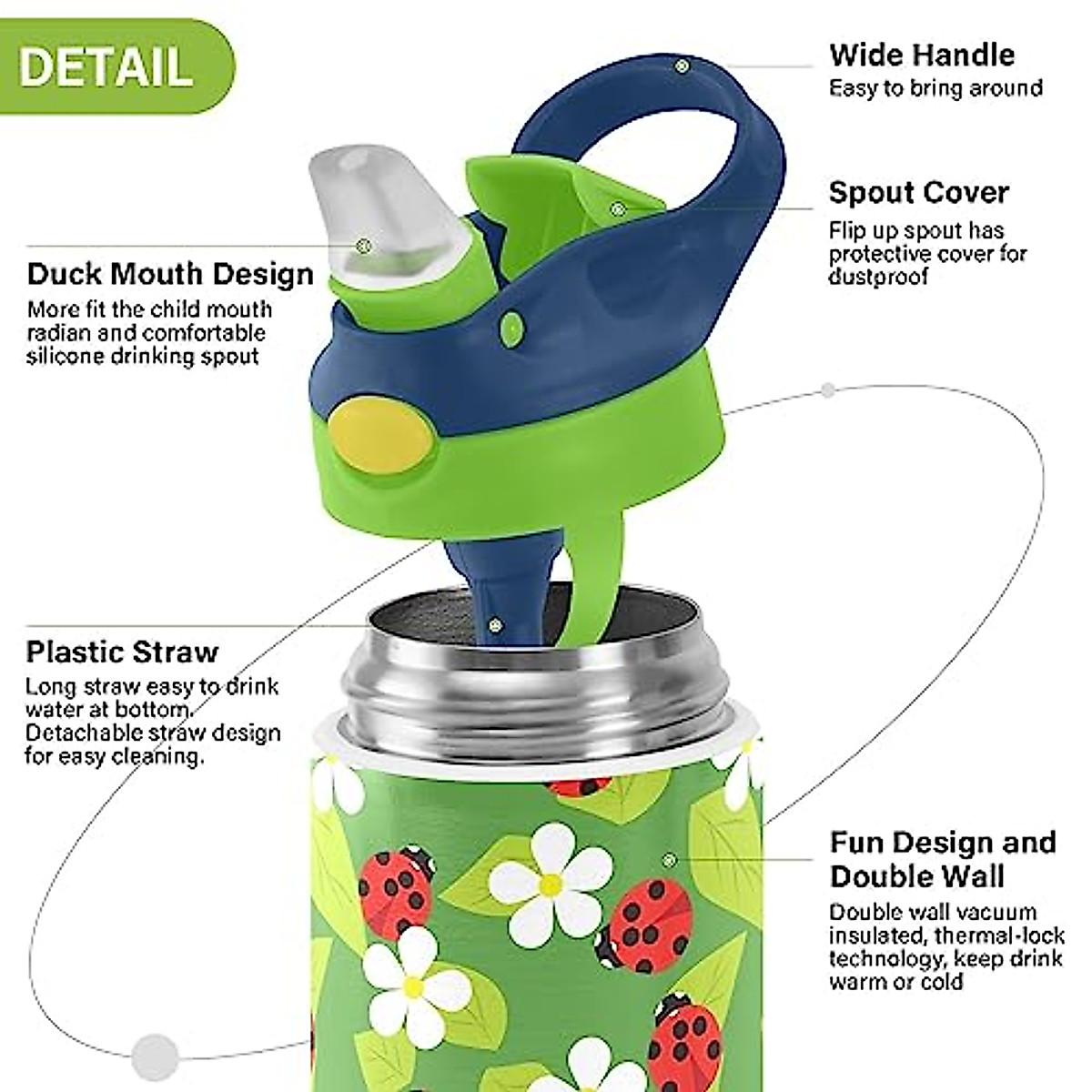 ALAZA Ladybug White Floral Kids Water Bottles with Lids Straw Insulated Stainless Steel Water Bottles Double Walled Leakproof Tumbler Travel Cup for Girls Boys Toddlers 12 oz,Green
