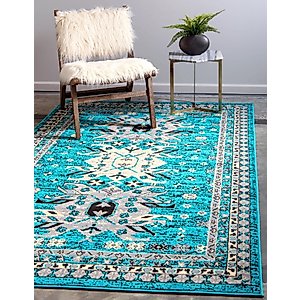 Unique Loom Taftan Collection Border Geometric Tribal Inspired Design Area Rug, 4 ft x 6 ft, Turquoise/Gray