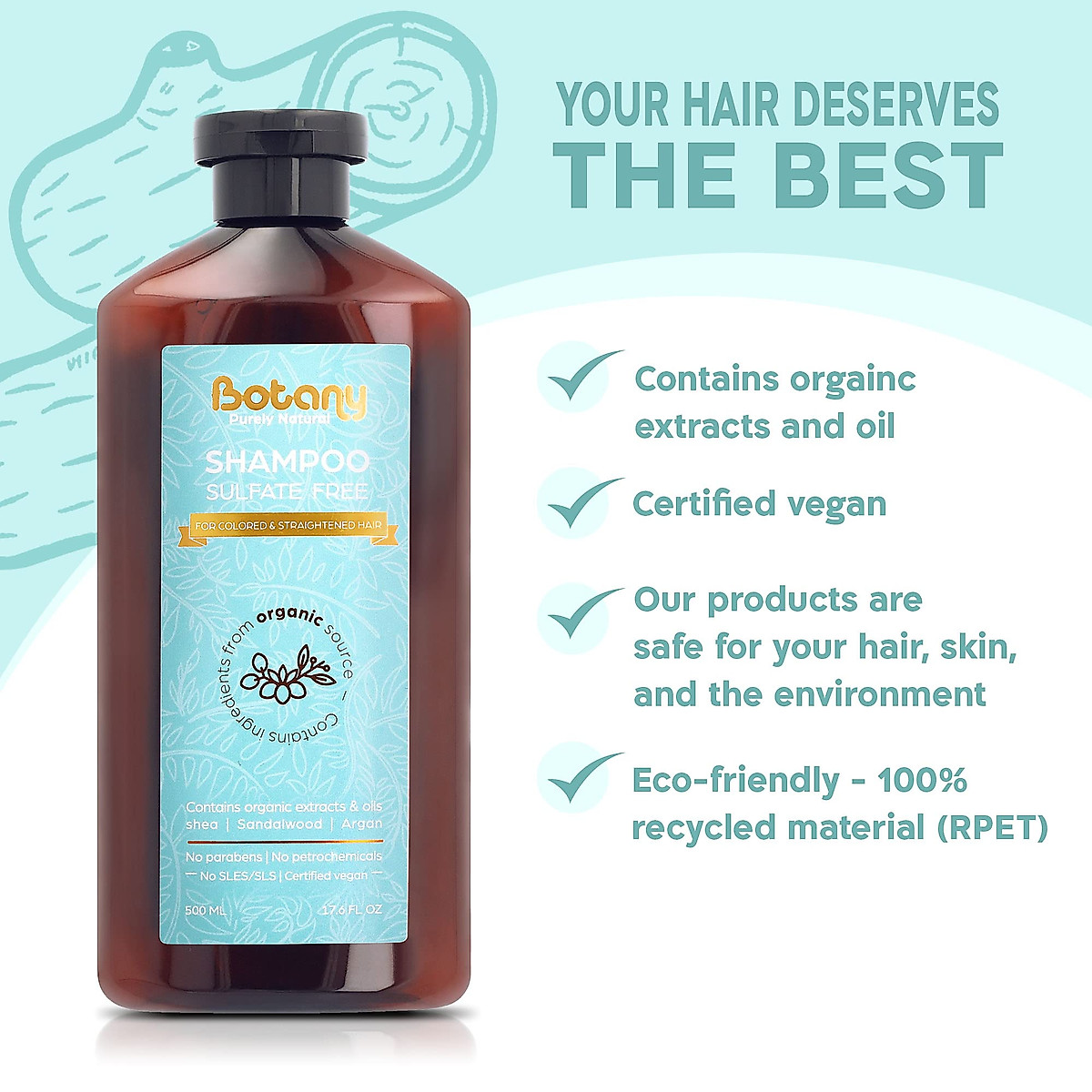 Botany Natural Shampoo for Colored & Straightened Hair - Sulfate Free - with Organic Shea Butter, Sandalwood Oil, and Argan Oil - Vegan Shampoo for Women and Men SLS/SLES, Silicon