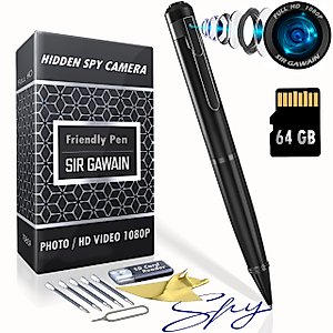 SIRGAWAIN Mini Spy Camera Hidden Camera Pen 1080p & 64GB Micro SD - [Upgraded 2024] Small Nanny Cam Spy Pen Camera Full HD Video or Picture Taking - Secret Camera with Wide Angle Lens, Rechargeable
