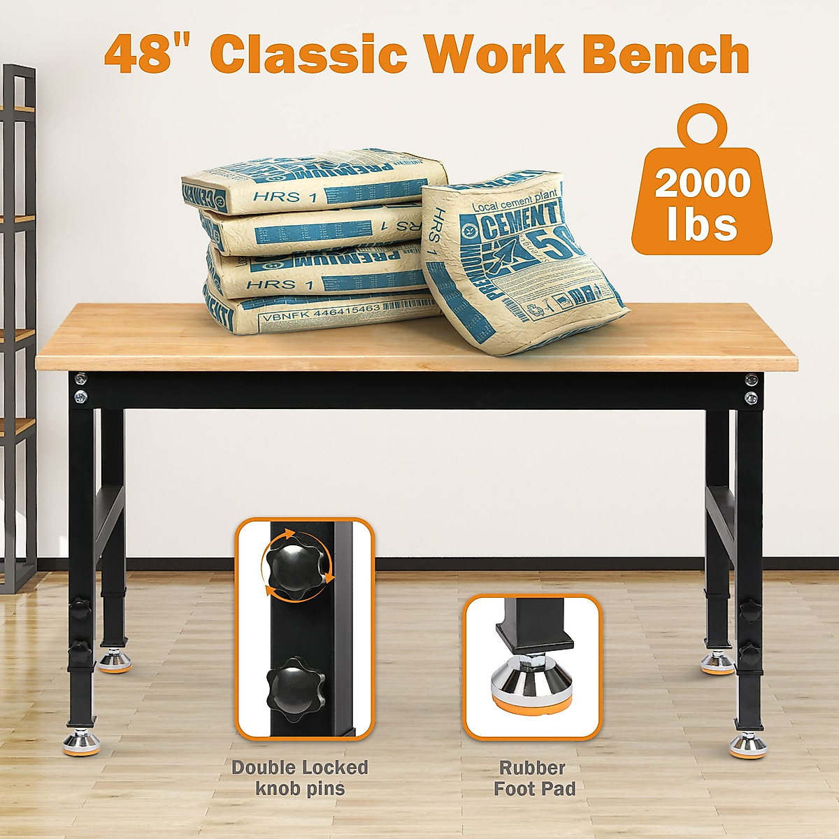 Betterhood 48" Heavy-Duty Adjustable Workbench for Garage, Rubber Wood Shop Table W/Rubber Pads, Hardwood Workstation Weight Capacity Over 2000 Lbs