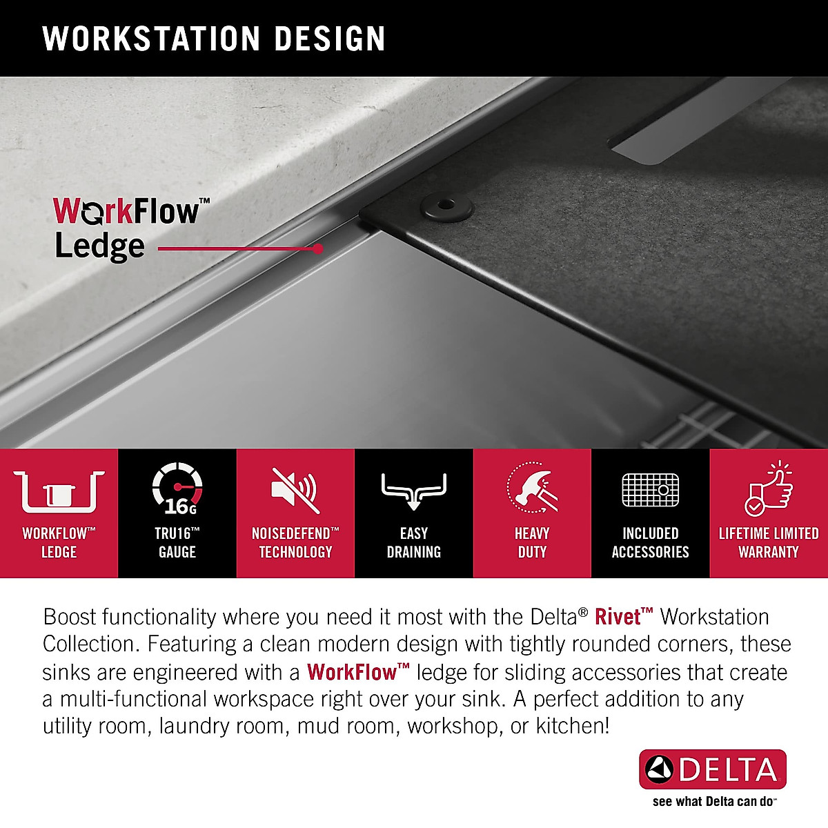 DELTA FAUCET Rivet 24-inch Workstation Laundry Utility Kitchen Sink Undermount 16 Gauge Stainless Steel Single Bowl with WorkFlow Ledge and a Kit of 5 Accessories, 95B9031-24SL-SS