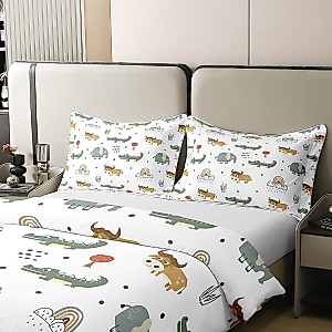 Cartoon Cows 100% Nature Cotton Duvet Cover,Boys Crocodile Elephant Farmhouse Animals Bedding Set for Room Decor,Watercolor Rainbow Jungle Plants All Season Bedding with Zipper Closure Twin Size