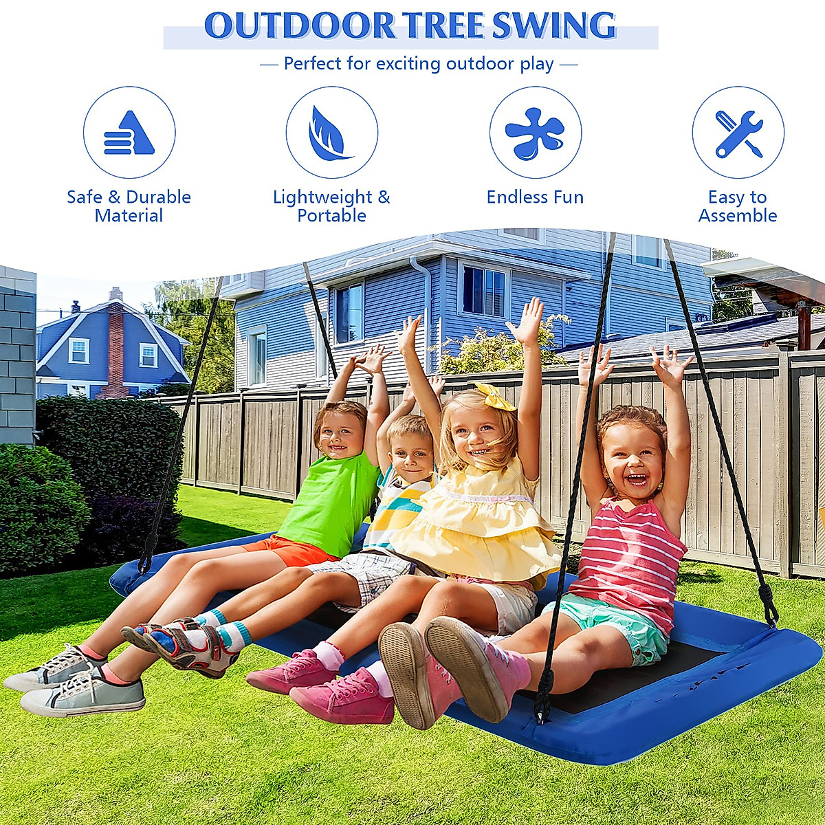 Goplus 700LBS 60 Inch Giant Platform Tree Swing for Kids and Adults, Indoor Outdoor Adjustable Rectangle Swing w/ 2 Hanging Straps & Steel Frame, Waterproof Swing Set for Porch Backyard (Navy Blue)