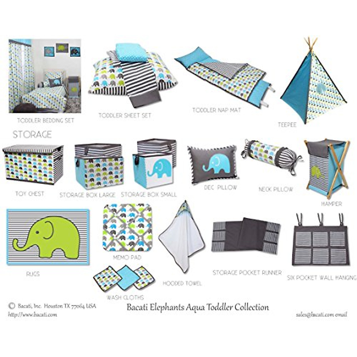 Bacati Collapsible Storage Hamper, Elephants, Aqua/Lime/Grey, One Size